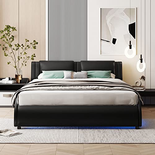 Lostcat Full Modern Upholstered Faux Leather Platform Bed with LED Light Bed Frame,Strong Wood Slats Support,Wave Like Curve Low Profile Bed Frame for Boys/Girls/Adult Bedroom,Easy Assembly,Black