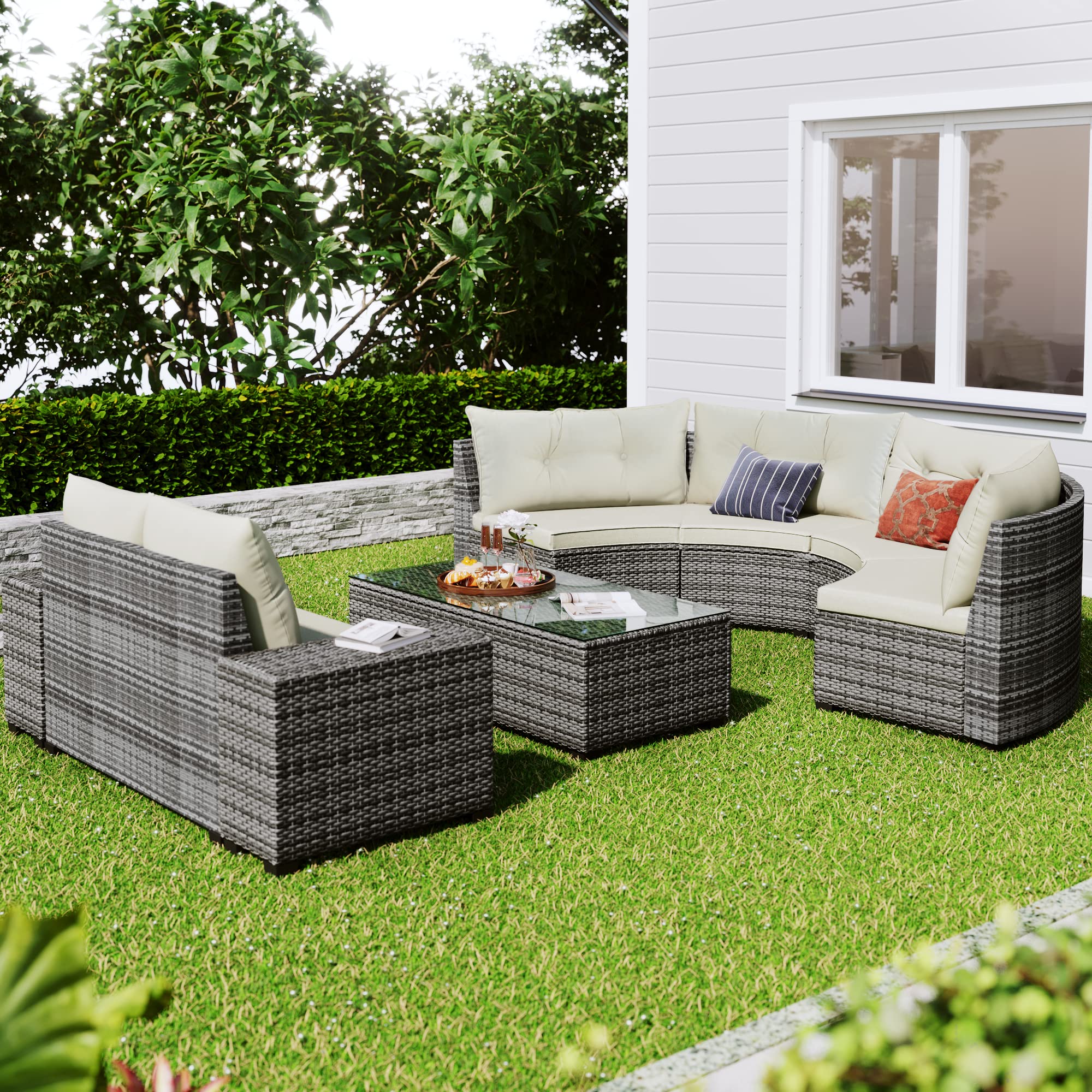 8-Piece Half-Moon Outdoor Sectional Furniture Cushioned Sofa Set, All-Weather PE Wicker Patio Curved Conversation Sets with Rectangular Coffee Table and Side Tables (Beige)