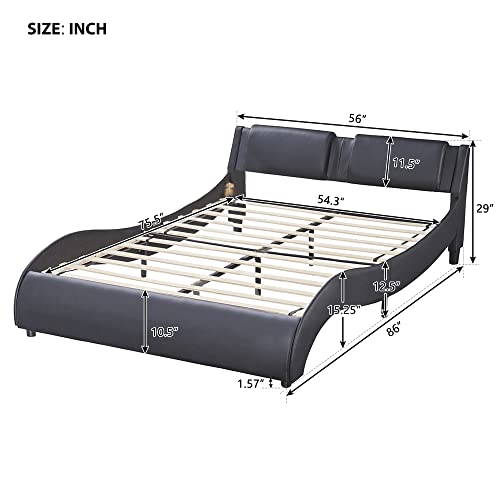 Lostcat Full Modern Upholstered Faux Leather Platform Bed with LED Light Bed Frame,Strong Wood Slats Support,Wave Like Curve Low Profile Bed Frame for Boys/Girls/Adult Bedroom,Easy Assembly,Black