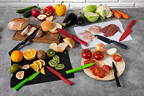 KUHN RIKON COLORI+ Mixed Knife Set with Non-Stick Coating and Safety Sheaths, Set of 3, Green, Red and Graphite Grey