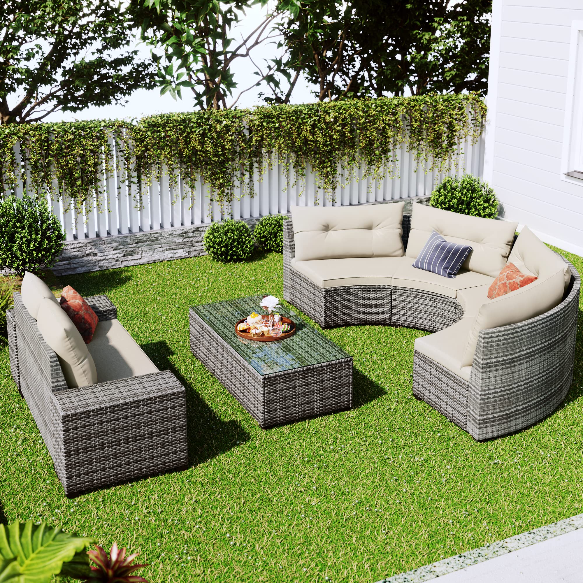 8-Piece Half-Moon Outdoor Sectional Furniture Cushioned Sofa Set, All-Weather PE Wicker Patio Curved Conversation Sets with Rectangular Coffee Table and Side Tables (Beige)