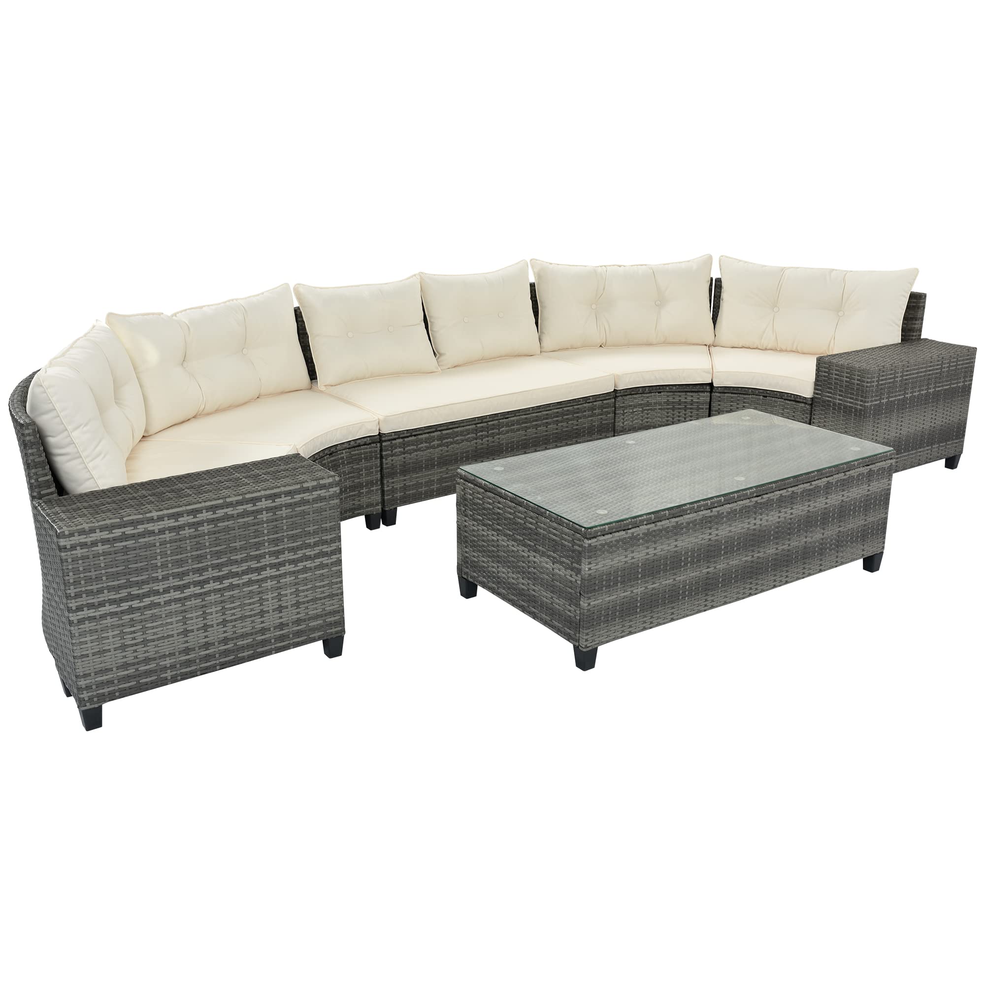 8-Piece Half-Moon Outdoor Sectional Furniture Cushioned Sofa Set, All-Weather PE Wicker Patio Curved Conversation Sets with Rectangular Coffee Table and Side Tables (Beige)