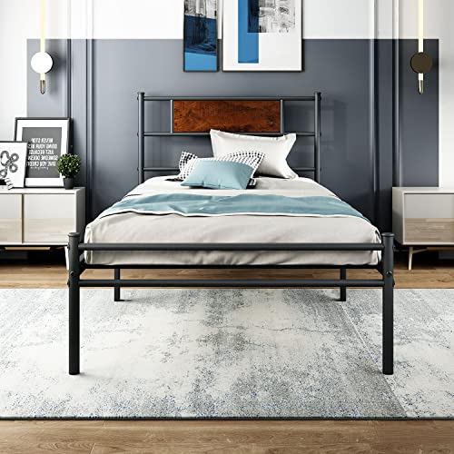 USHOW Modern Black Metal Bed Frame Twin Size with Headboard and Footboard Sturdy Metal Frame Premium Steel Slat Support Easy Assembly (Twin,Black)