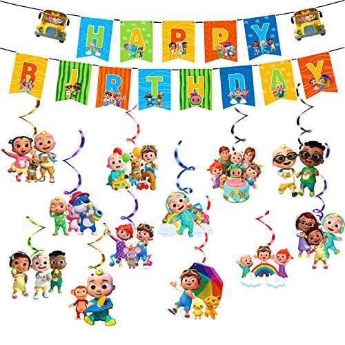 JJ Birthday Decorations Supplies 1* Happy Birthday Banners 12*Cartoon Coco JJ Melon Hanging Swirls Ceiling Ribbons Party Decorations,Kids Boys and girls for birthday party supplies Happy Theme Decor