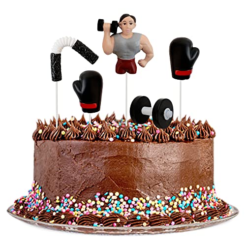 Ercadio 5 Pack Resin 3D Weight Lifting Workout Cake Toppers with Barbell Boxing Gloves Nunchaku Cake Picks Bodybuilding Cake Decor Fitness Gym Theme Cake Toppers for Birthday Party Supplies