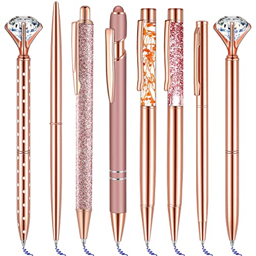Fainne 8 Pcs Blue Ink Rose Gold Ballpoint Pen Set Bling Liquid Sand Glitter Pen Metal Ballpoint Pens Crystal Diamond Pen Girly Ball Point Pen Gifts for Wedding Office Rose Gold Desk Supplies