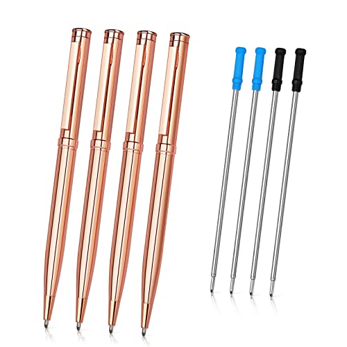 WEMATE 4Pcs Slim Retractable Ballpoint Pens, Extra 4Pcs Ink Refills in Black and Blue, Metal Pen 1.0mm Medium Point, Writing Pens with Gift Box for Office,Students, Teachers and Wedding Rose Gold