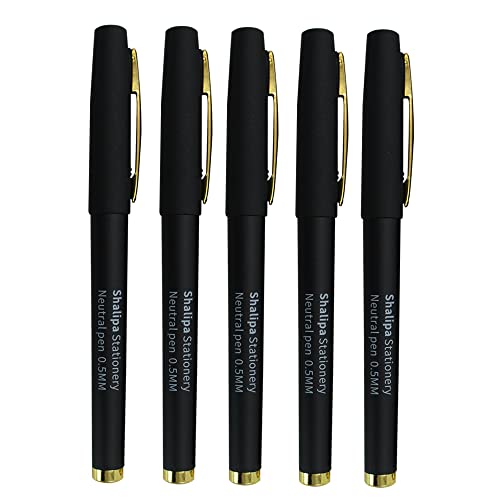 Shalipa Liquid Ink Rollerball Pens 5 Pack Black Roller ball pen 0.5mm ball pen Writing pen for students' office (Gold)