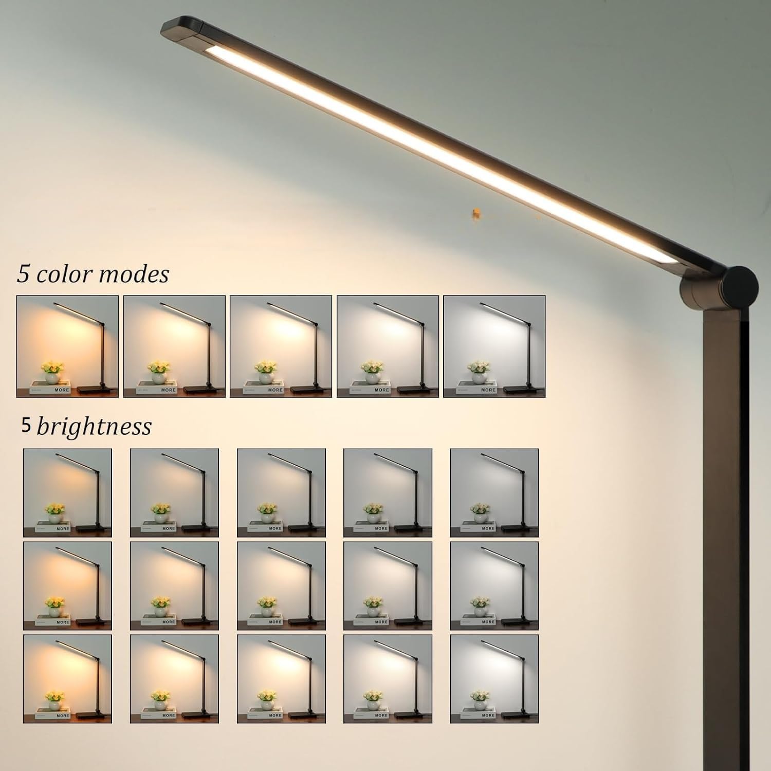 White crown LED Desk Lamp Dimmable Table Lamp Reading Lamp with USB Charging Port, 5 Lighting Modes, Sensitive Control, 30/60 Minutes Auto-Off Timer (Black)