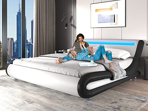 SHA CERLIN Upholstered Modern Bed Frame with LED Headboard/Mattress Foundation/No Box Spring Needed/Strong Wood Slats Support/Easy Assemble, Black and White, Full