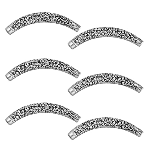 6Pcs/Set Noodle Tube Spacers Beads, Antique Silver Flower Pattern Floral Millefiori Carve for Charm Bracelet Necklace DIY Jewelry Making, 67mm Long, Hole: 3mm