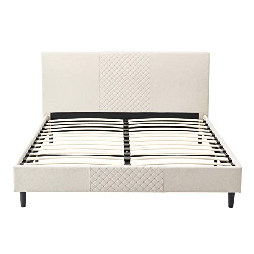 King Size Upholstered Platform Bed Frame with Tufted Headboard, Mattress Foundation for Boys Girls Teens Adults, No Box Spring Needed, Under Bed Storage (Beige, King)