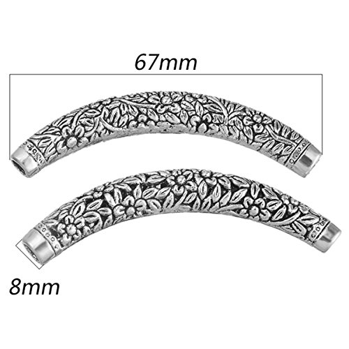 6Pcs/Set Noodle Tube Spacers Beads, Antique Silver Flower Pattern Floral Millefiori Carve for Charm Bracelet Necklace DIY Jewelry Making, 67mm Long, Hole: 3mm