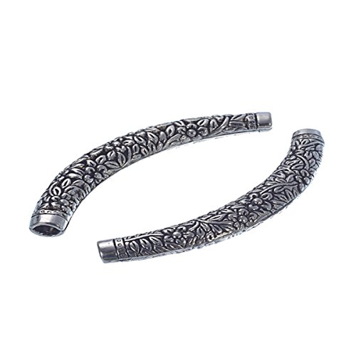6Pcs/Set Noodle Tube Spacers Beads, Antique Silver Flower Pattern Floral Millefiori Carve for Charm Bracelet Necklace DIY Jewelry Making, 67mm Long, Hole: 3mm