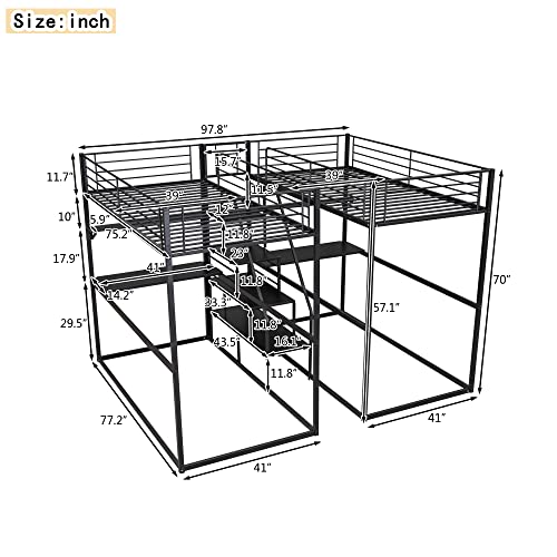 Merax Double Twin Over Twin Metal Bunk Bed with Shelves, and Storage Staircase, Metal Double Loft Bed Frame with Desk, Black