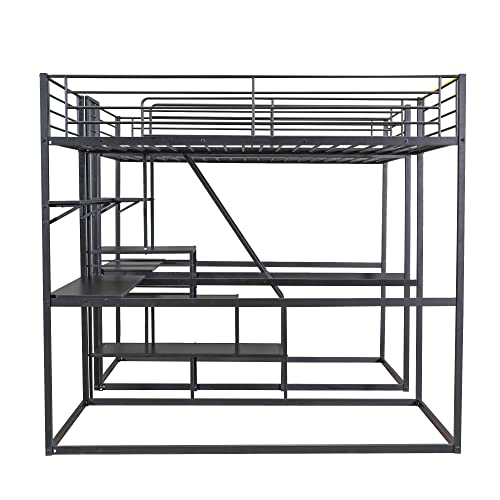 Merax Double Twin Over Twin Metal Bunk Bed with Shelves, and Storage Staircase, Metal Double Loft Bed Frame with Desk, Black