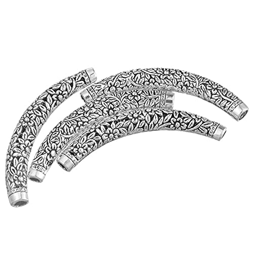 6Pcs/Set Noodle Tube Spacers Beads, Antique Silver Flower Pattern Floral Millefiori Carve for Charm Bracelet Necklace DIY Jewelry Making, 67mm Long, Hole: 3mm