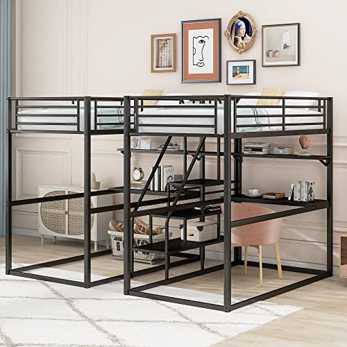 Merax Double Twin Over Twin Metal Bunk Bed with Shelves, and Storage Staircase, Metal Double Loft Bed Frame with Desk, Black