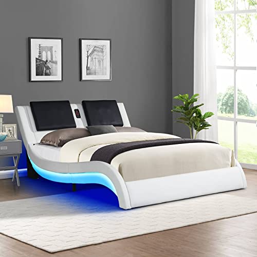 Epinki Faux Leather Upholstered Platform Bed Frame with Led Lighting, Bluetooth Connection to Play Music Control, Backrest Vibration Massage, King