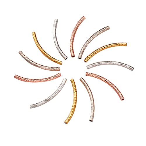 Fashewelry 200Pcs Curved Tube Long Noodle Spacer Beads 35~45mm Random Mixed Colors Carved Brass Metal Finding Beads for Jewelry Making Hole: 1.5-3mm