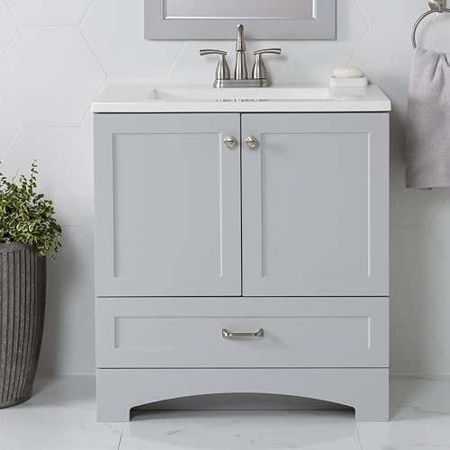 Spring Mill Cabinets Emlyn 30 Inch Bathroom Vanity with White Single Sink Top, 2-Door Cabinet, 1 Drawer, 30.5" W x 18.75" D x 32.89" H, Pearl Gray