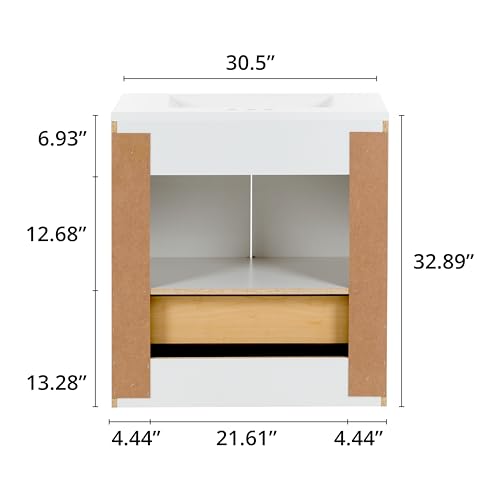 Spring Mill Cabinets Emlyn 30 Inch Bathroom Vanity with White Single Sink Top, 2-Door Cabinet, 1 Drawer, 30.5" W x 18.75" D x 32.89" H, Pearl Gray