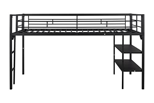 Epinki Low Loft Bed with Storage Shelves, Black, Steel, Bed Frame, Kids Bed, Easy Assembly