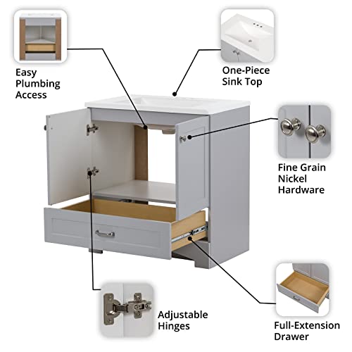 Spring Mill Cabinets Emlyn 30 Inch Bathroom Vanity with White Single Sink Top, 2-Door Cabinet, 1 Drawer, 30.5" W x 18.75" D x 32.89" H, Pearl Gray