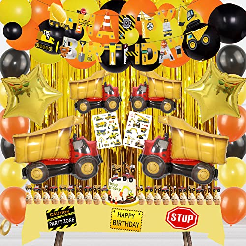 Construction Theme Birthday Party Decorations Kit Dumb Truck Excavator Crane Banner Foil Curtain Tablecloth Balloons for Boys 1st 2nd 3rd 4th 5th Birthday Party, Baby Shower Supplies.