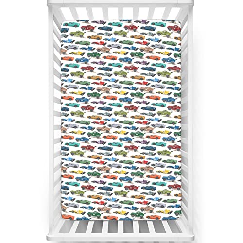 Race Car Themed Fitted Mini Crib Sheets,Portable Mini Crib Sheets Ultra Soft Material-Baby Crib Sheets for Girl or Boy,24“ x38“,Multicolor