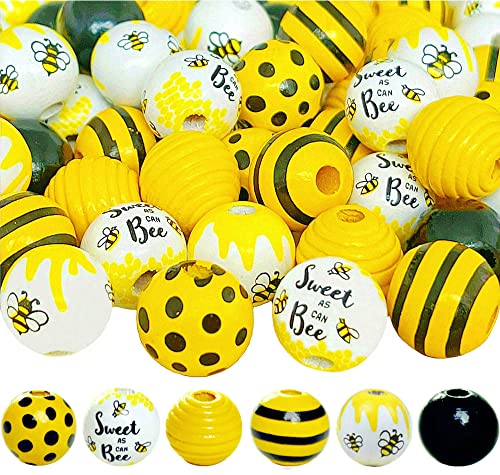 180 Pcs 16mm Bee Wood Beads-Yellow Black White Spring Summer Loose Beads,Bee Honeycomb Wooden Beads for Craft and Jewelry Making,Bee Themed Rustic Beads for Bee Day Tiered Tray Garland Decorations
