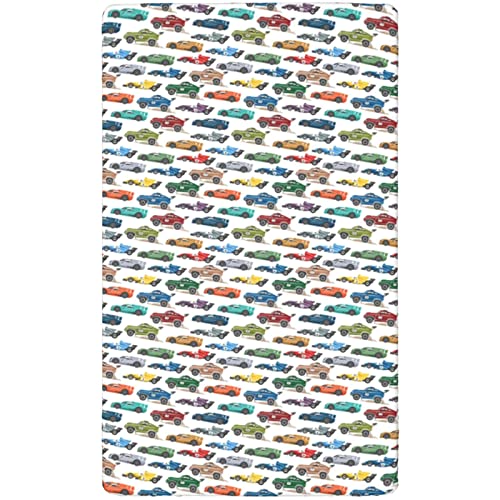 Race Car Themed Fitted Mini Crib Sheets,Portable Mini Crib Sheets Ultra Soft Material-Baby Crib Sheets for Girl or Boy,24β x38β,Multicolor