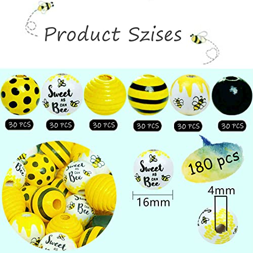180 Pcs 16mm Bee Wood Beads-Yellow Black White Spring Summer Loose Beads,Bee Honeycomb Wooden Beads for Craft and Jewelry Making,Bee Themed Rustic Beads for Bee Day Tiered Tray Garland Decorations