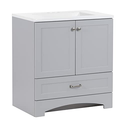 Spring Mill Cabinets Emlyn 30 Inch Bathroom Vanity with White Single Sink Top, 2-Door Cabinet, 1 Drawer, 30.5" W x 18.75" D x 32.89" H, Pearl Gray