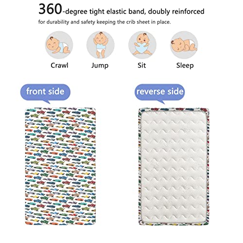 Race Car Themed Fitted Mini Crib Sheets,Portable Mini Crib Sheets Ultra Soft Material-Baby Crib Sheets for Girl or Boy,24β x38β,Multicolor