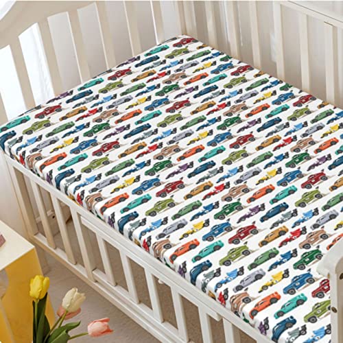 Race Car Themed Fitted Mini Crib Sheets,Portable Mini Crib Sheets Ultra Soft Material-Baby Crib Sheets for Girl or Boy,24β x38β,Multicolor