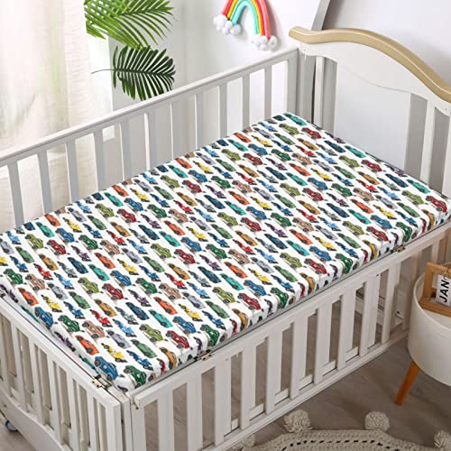 Race Car Themed Fitted Mini Crib Sheets,Portable Mini Crib Sheets Ultra Soft Material-Baby Crib Sheets for Girl or Boy,24β x38β,Multicolor