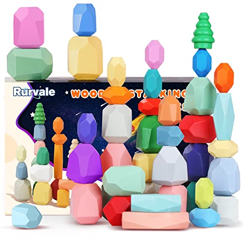 Wooden Stacking Rocks Toys, Montessori Toys for 1 2 3 year old, Stacking toys for toddlers, Sensory Educational Preschool Learning building blocks toys for Kids age 3-5, Birthday Game Gift Boys Girls