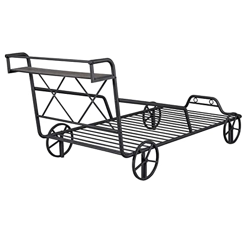 Twin Size Metal Platform Bed Frame with 4 Wheels and Storage Shelf, Car-Shaped Metal Bed with for Kids Teens Boys Girls, No Box Spring Needed, Under Bed Storage (Black)