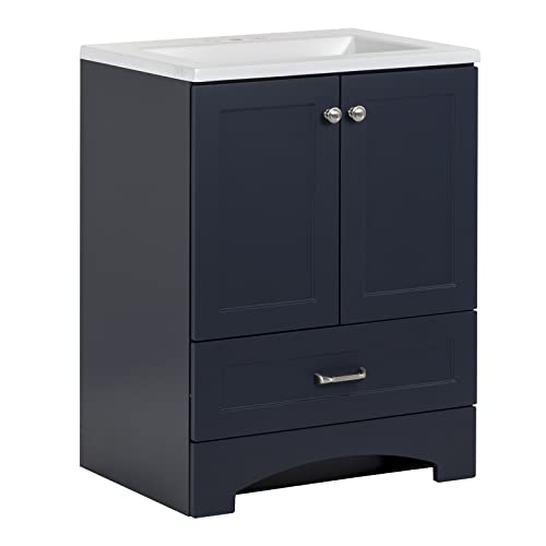 Spring Mill Cabinets Emlyn 24 Inch Bathroom Vanity with White Single Sink Top, 2-Door Cabinet, 1 Drawer, 24.5" W x 18.75" D x 32.89" H, Deep Blue