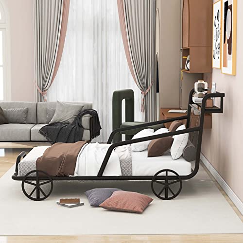 Twin Size Metal Platform Bed Frame with 4 Wheels and Storage Shelf, Car-Shaped Metal Bed with for Kids Teens Boys Girls, No Box Spring Needed, Under Bed Storage (Black)