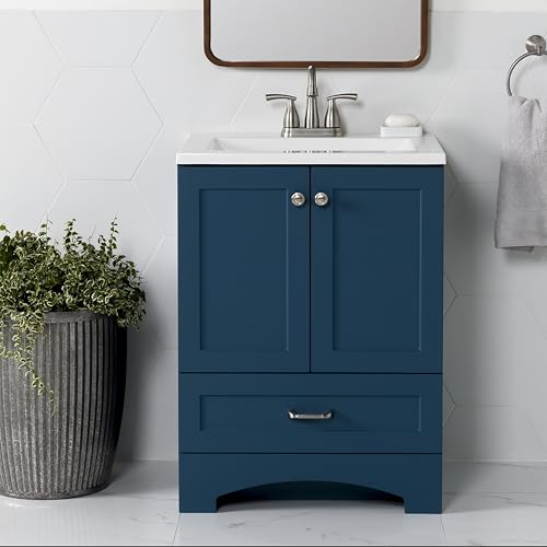 Spring Mill Cabinets Emlyn 24 Inch Bathroom Vanity with White Single Sink Top, 2-Door Cabinet, 1 Drawer, 24.5" W x 18.75" D x 32.89" H, Admiral Blue