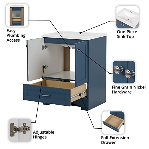 Spring Mill Cabinets Emlyn 24 Inch Bathroom Vanity with White Single Sink Top, 2-Door Cabinet, 1 Drawer, 24.5" W x 18.75" D x 32.89" H, Admiral Blue