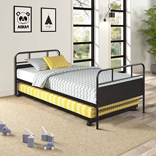 Epinki Metal Daybed Platform Bed Frame with Trundle Built-in Casters, Twin Size, Black, Easy Assembly