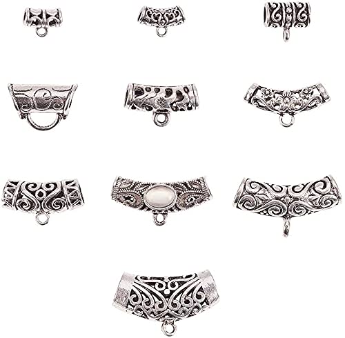 FC-05031 DIY-Jewelry 50Pcs 10 Tibetan Alloy Hanger Links Curved Noodle Tube Beads Long Hollow Spacers Beads with Loop for Antique Silver