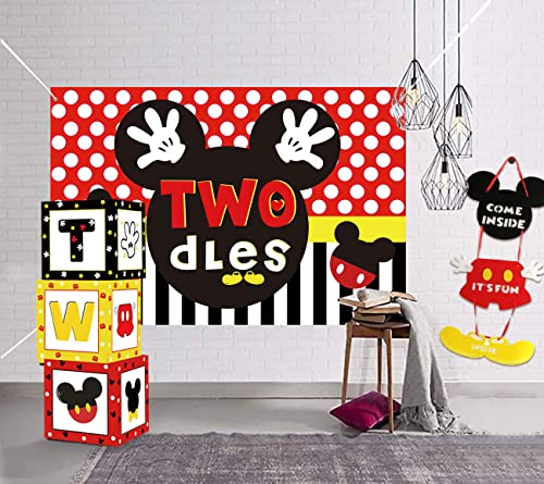 GREPARPY Mickey 2nd Birthday Party Supplies - Mickey Theme Oh Twodles Birthday Decorations Boy Include Backdrop, Balloon Garland Arch, Balloon Box, Welcome Hanger, Banner, Crown, Topper, Tablecloth