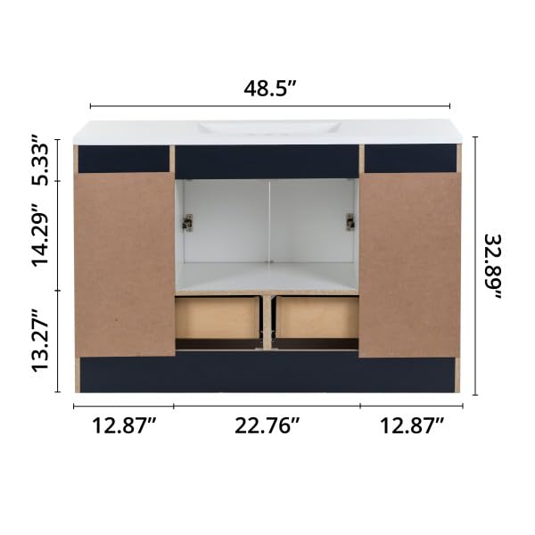 Spring Mill Cabinets Emlyn 48 Inch Bathroom Vanity with White Single Sink Top, 3 Cabinets, 2 Shelves, 2 Drawers, 48.5" W x 18.75" D x 32.89" H, Deep Blue