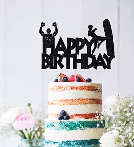 BIABISD Boxing Cake Toppers, Boxing Themed Cake Toppers, Boxing Happy Birthday Party Supplies Shiny Black Decorations