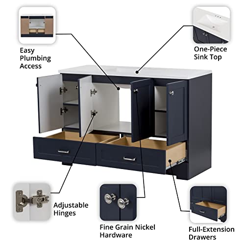 Spring Mill Cabinets Emlyn 48 Inch Bathroom Vanity with White Single Sink Top, 3 Cabinets, 2 Shelves, 2 Drawers, 48.5" W x 18.75" D x 32.89" H, Deep Blue