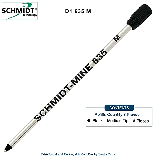 Lanier Combo Pack - 8 Genuine Schmidt 635M ISO 12757-2D, D1 Ballpoint Pen Refills, Compatible With Swarovksi Crystalline Pens, 8 Plastic Tops Included (Black)